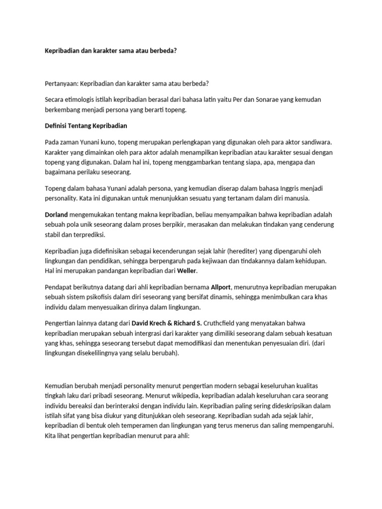 Perbedaan Kepribadian dan Karakter | PDF | Karier & Perkembangan ...