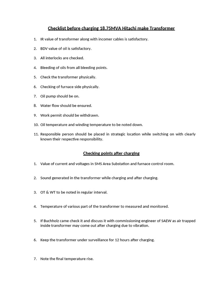 Checklist Before Charging | PDF | Transformer | Manufactured Goods