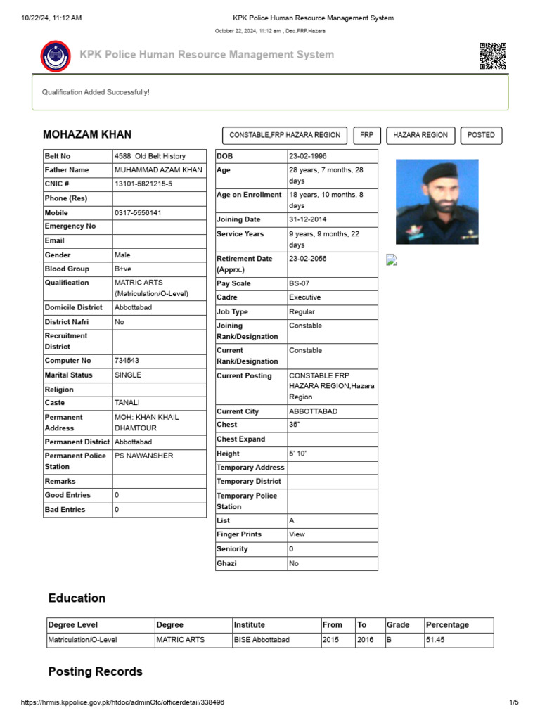 KPK Police Human Resource Management System FC Mohazzam Khan 4588 | PDF ...