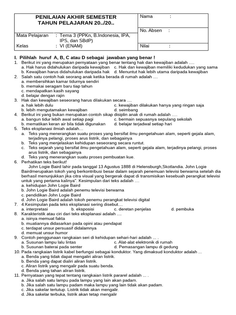 Soal dan Kunci Jawaban PAS Kelas VI | PDF | Kajian Bahasa Asing