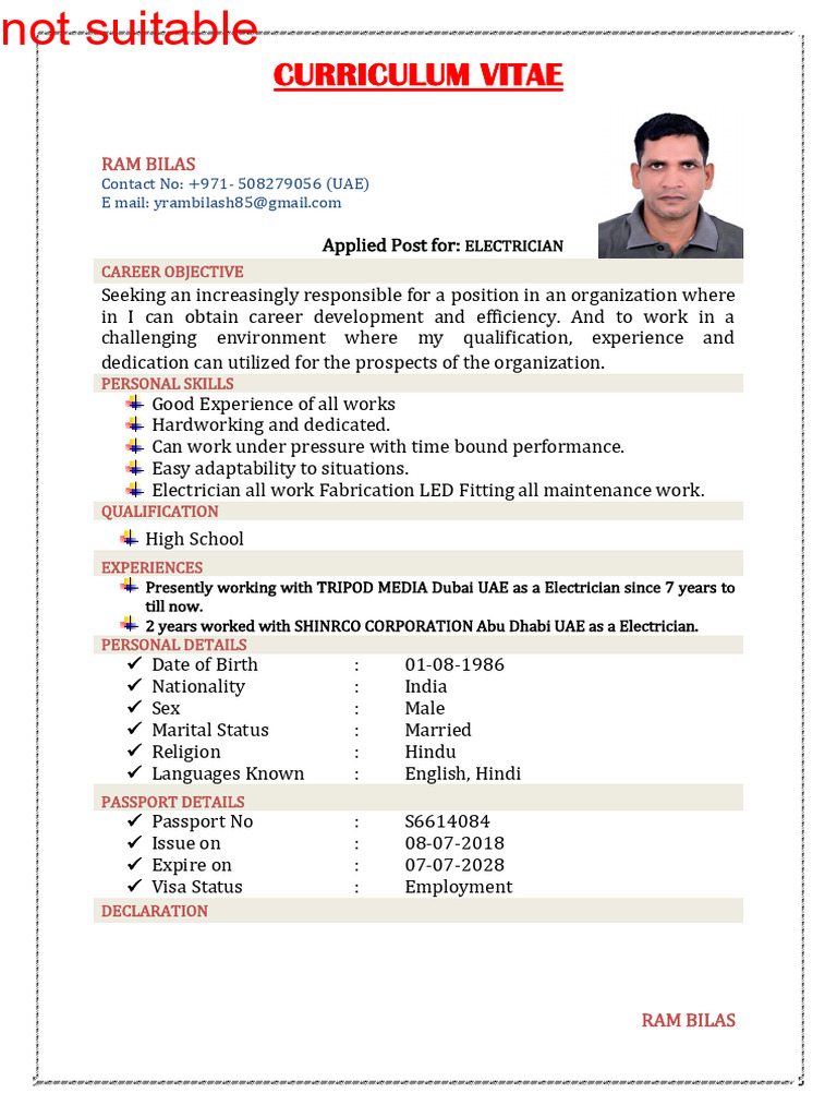 Electrician Job Application: Ram Bilas | PDF