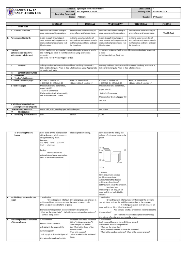 Grade 5 DLL Math 5 q4 Week 5 | PDF | Volume | Mathematics