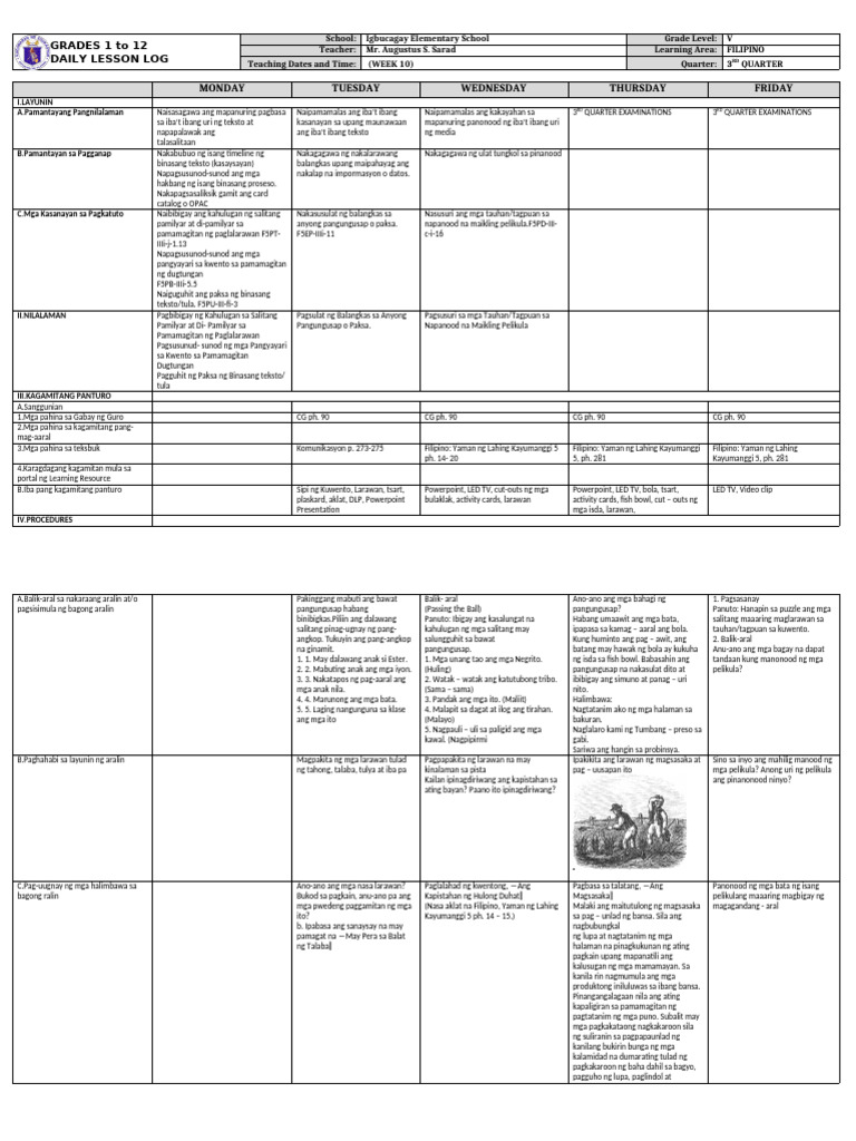 DLL - Filipino 5 - Q3 - W10 | PDF