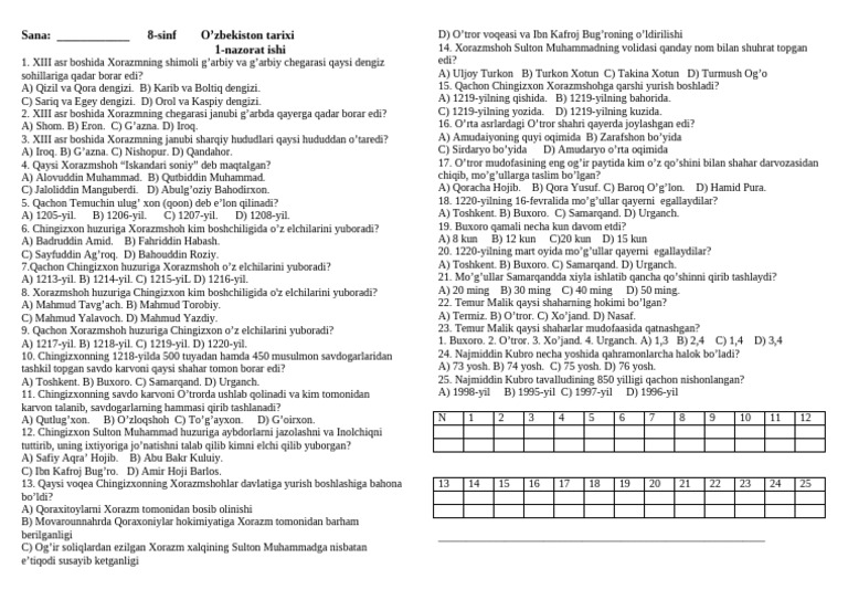 8-Sinf O'zbekiston Tarixi 1 - Nazorat Yangi 2023 | PDF