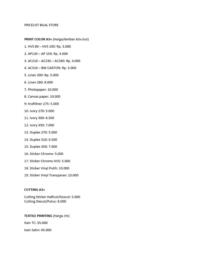 Pricelist Bilal Store Design | PDF