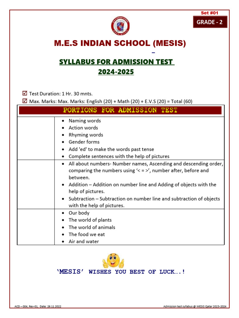 MESIS Qatar Grade 2 Admission Test Syllabus | PDF