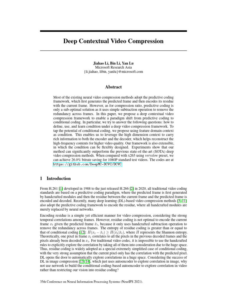 NeurIPS 2021 Deep Contextual Video Compression Paper | PDF | Data Compression | Codec