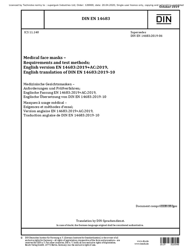 DIN EN 14683 - Face Masks | PDF | Technology & Engineering