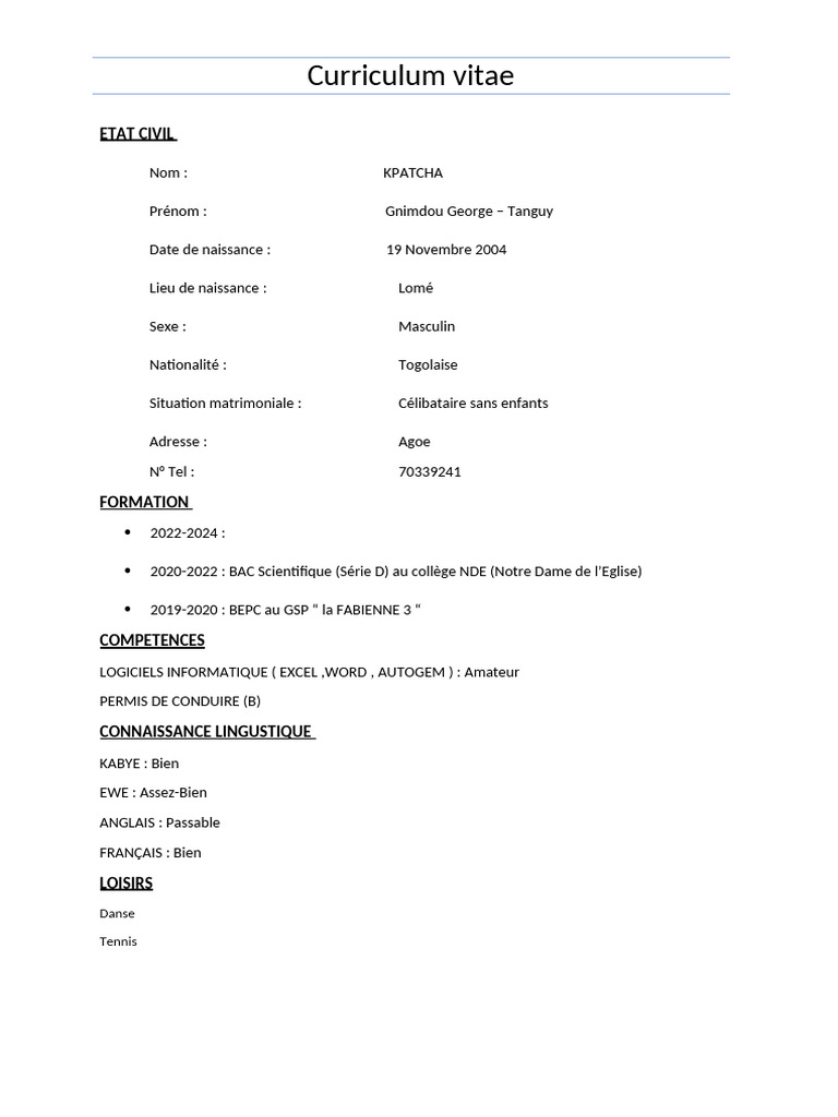 CV de Gnimdou George Kpatcha | PDF
