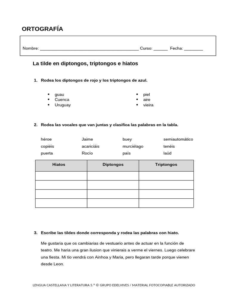 Diptongos e Hiatos: Actividades para Niños | PDF | Artes del Lenguaje y ...