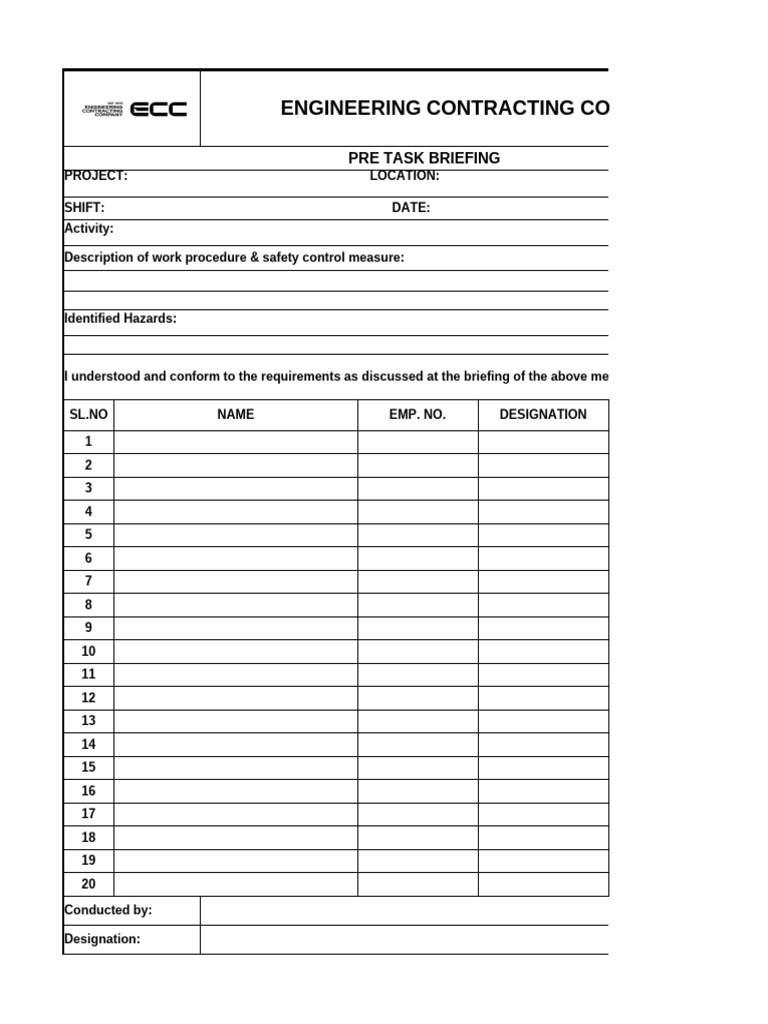 ECC OHSE FR 03 Pre Task Briefing | PDF | Technology & Engineering