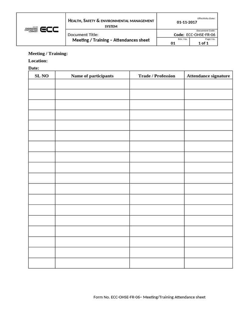 ECC OHSE FR 06 Meeting Training Attendance Sheet | PDF