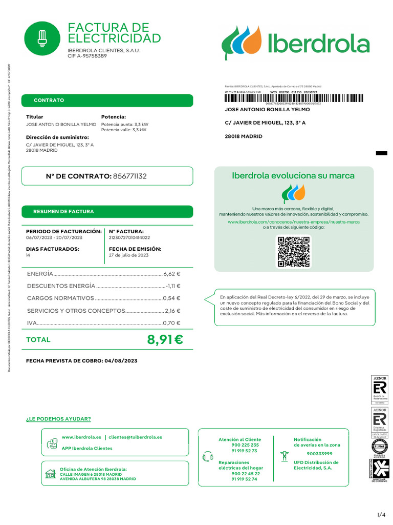 Factura de Electricidad Iberdrola 2023 | PDF | Factura | Energía renovable