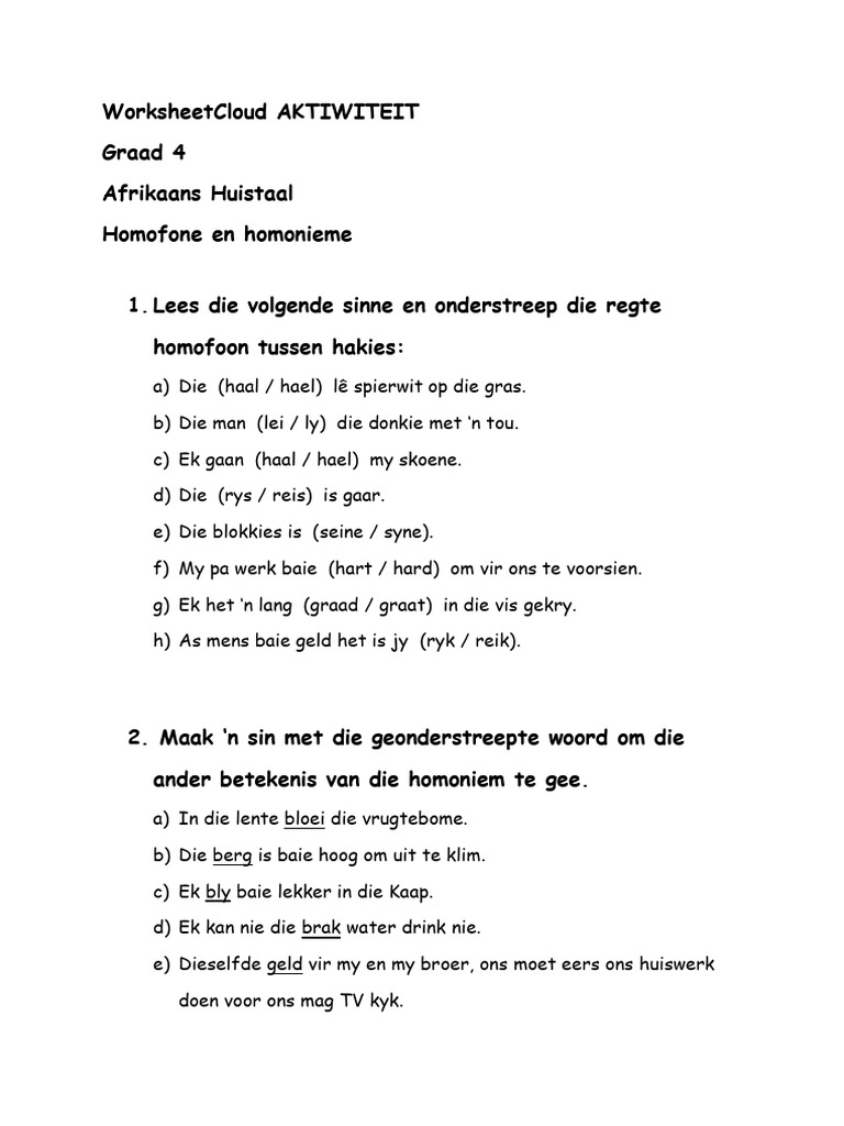 Afrikaans Homonieme en Homofone 1 Ws1 | PDF