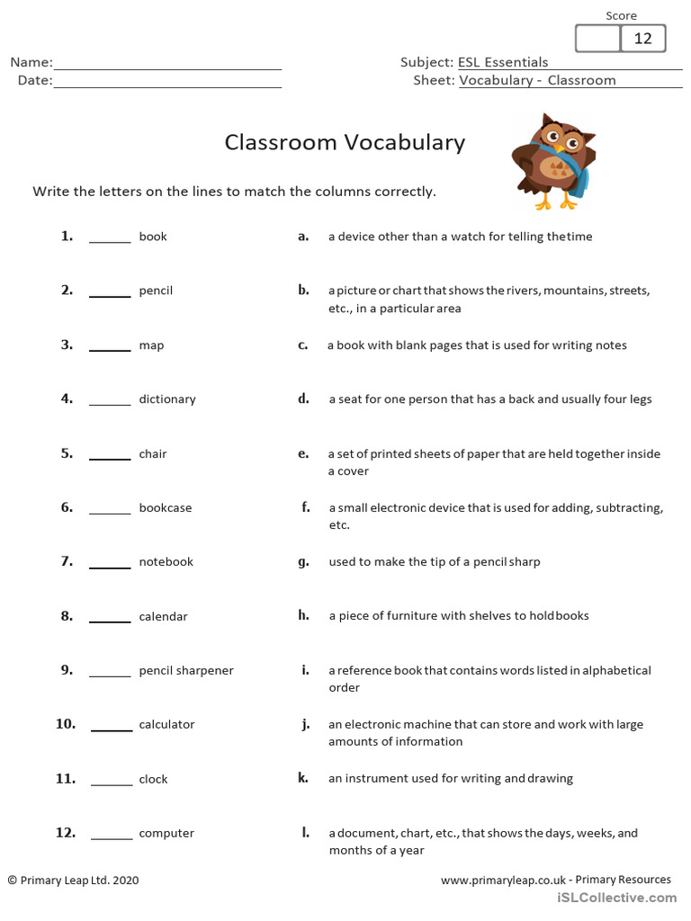 ESL Classroom Vocabulary Worksheet | PDF