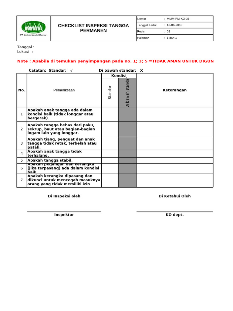 Checklist Inspeksi Tangga Permanen | PDF