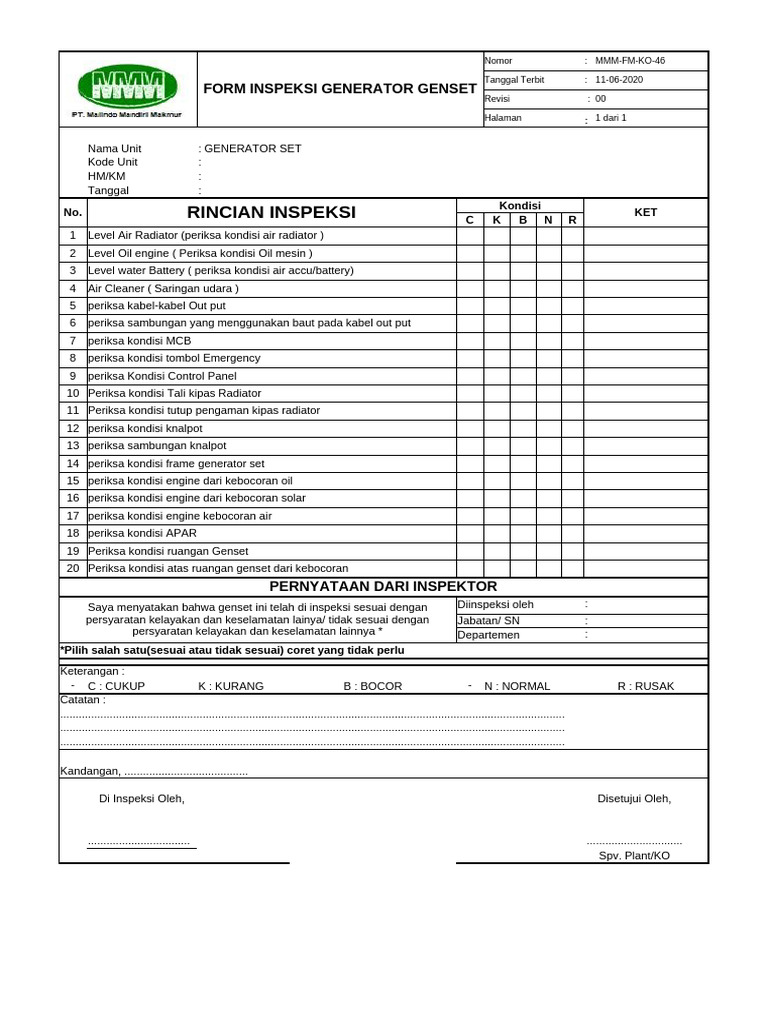 MMM-FM-KO-46 - 00 (Form Inspeksi Generator Genset) | PDF