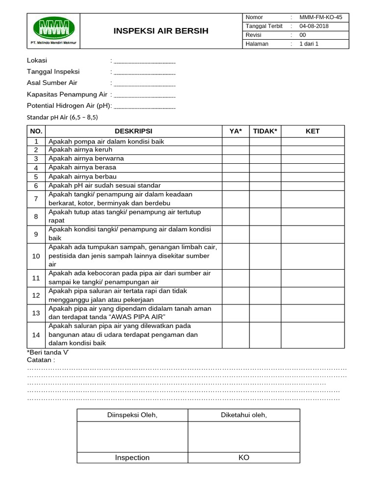 MMM-FM-KO-45 - 00 (Form Inspeksi Air Bersih) | PDF