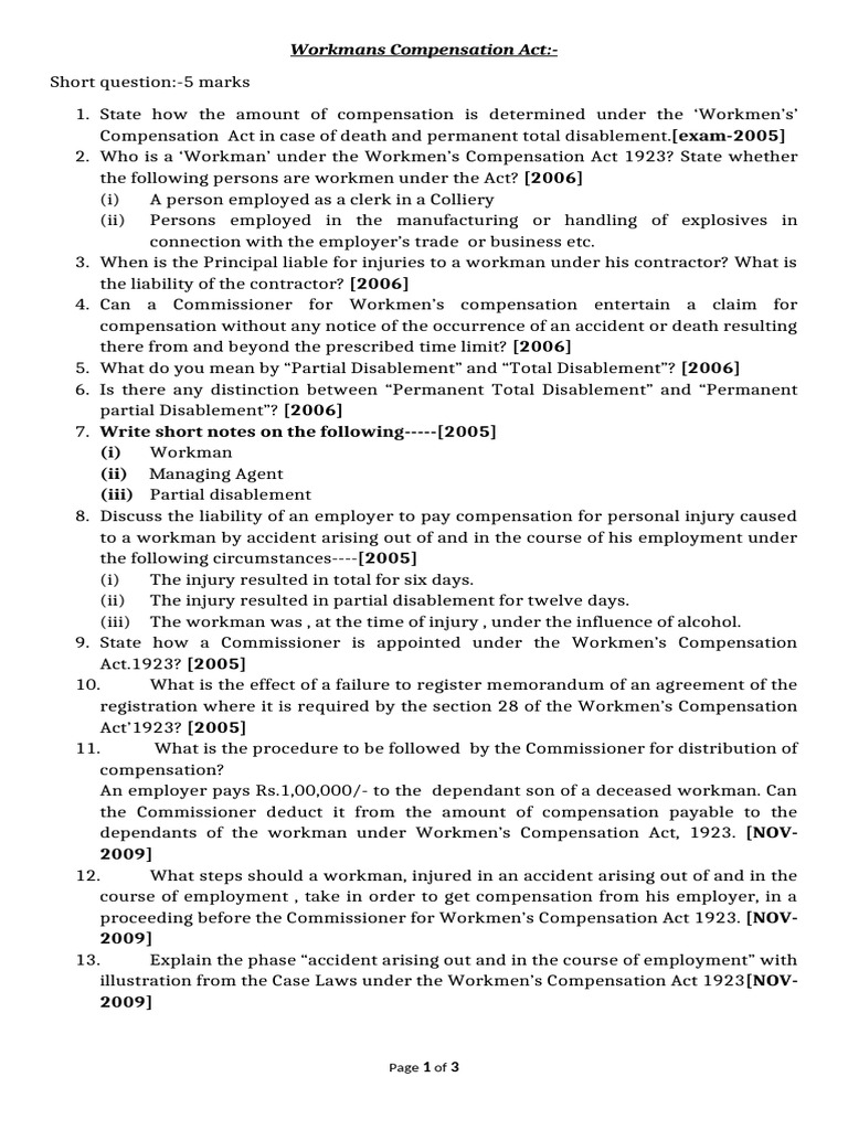 Workmans Compensation Act-Ques | PDF | Legal Liability | Workers ...