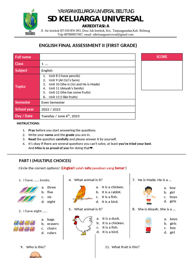 English Final Exam First Grade SMT 2 2024 | PDF | Standardized Tests ...