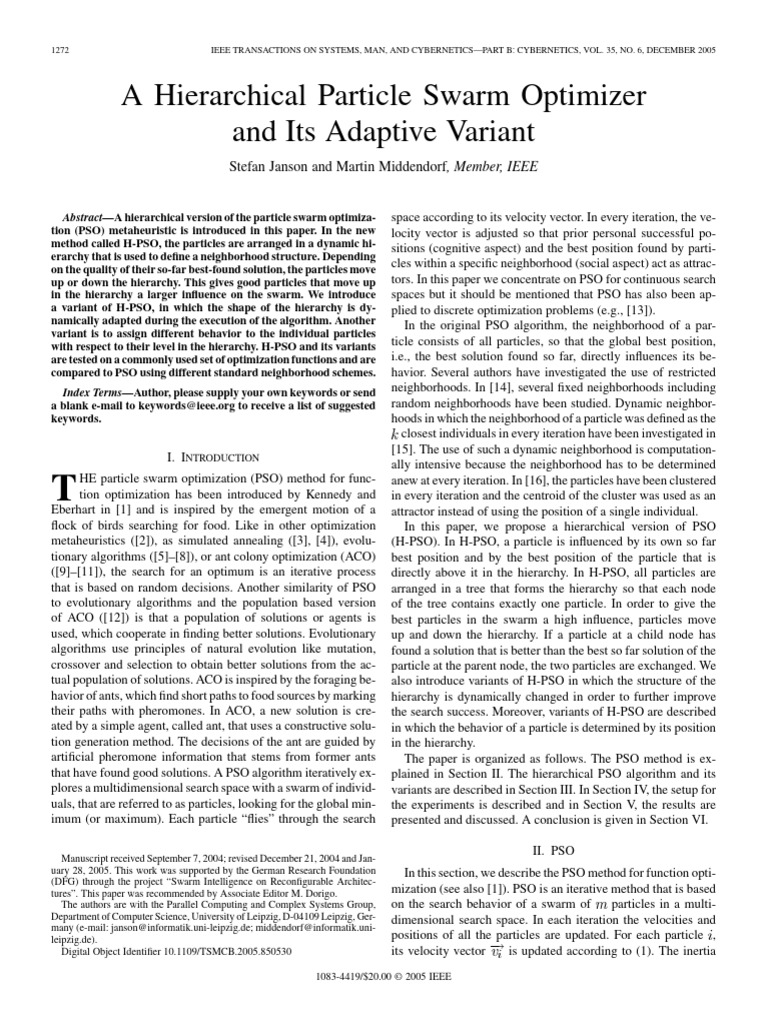A Hierarchical Particle Swarm Optimizer and Its Adaptive Variant | PDF | Mathematical ...