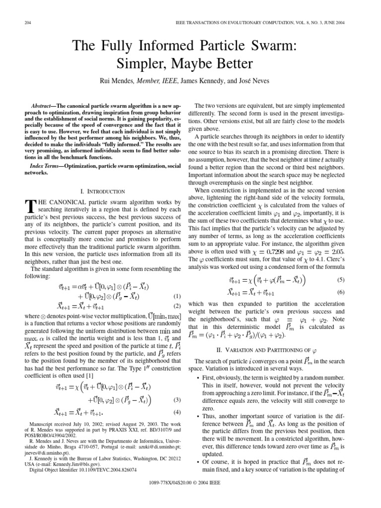 The Fully Informed Particle Swarm Simpler Maybe Better Pdf Mathematical Optimization 9785