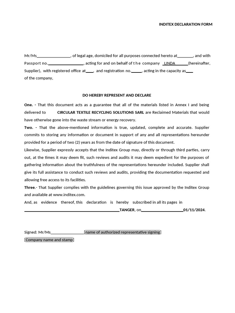 INDITEX DECLARATION FORM LINDA Proyectos t2t | PDF | Waste Management ...