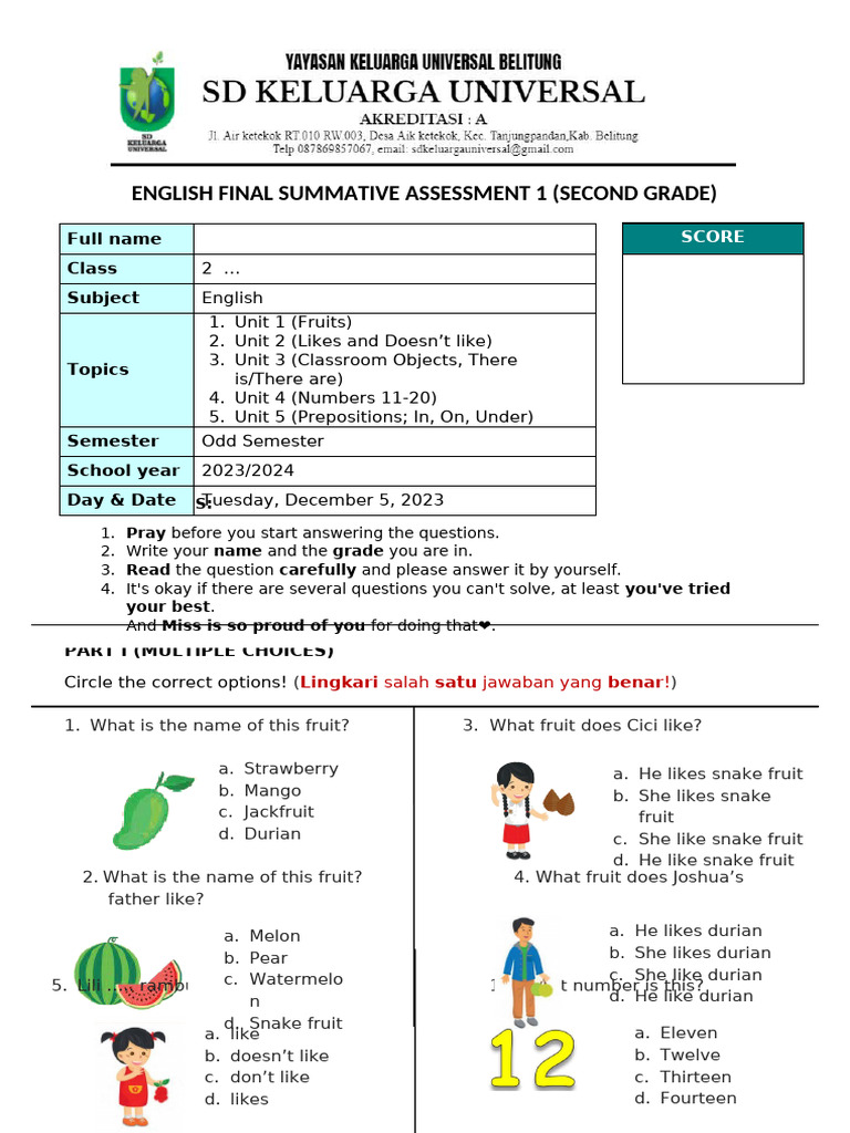 English Final Summative Assessment 1 Second Grade 2023 2024 | PDF
