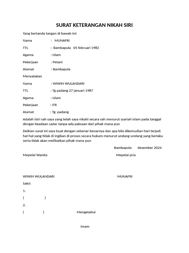 Surat Keterangan Nikah Siri | PDF