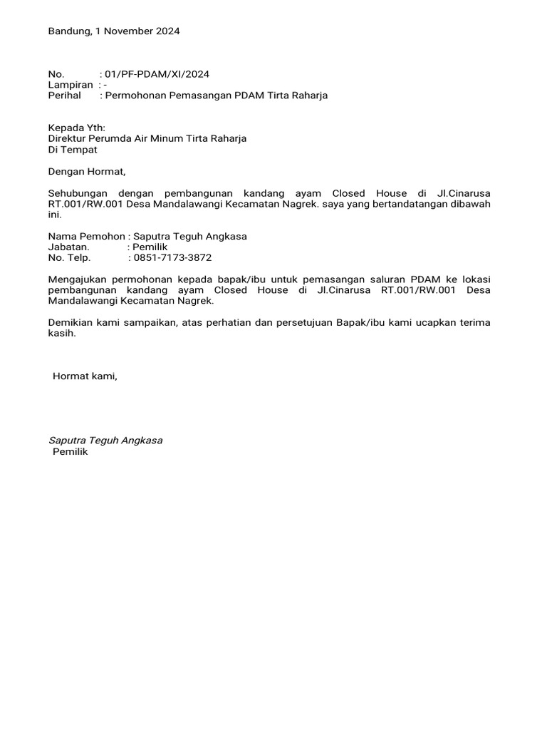 Surat Permohonan PDAM | PDF