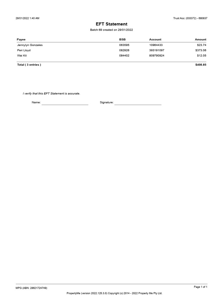 EFT Statement - Batch 69 Created On 29 - 01 - 2022 | PDF