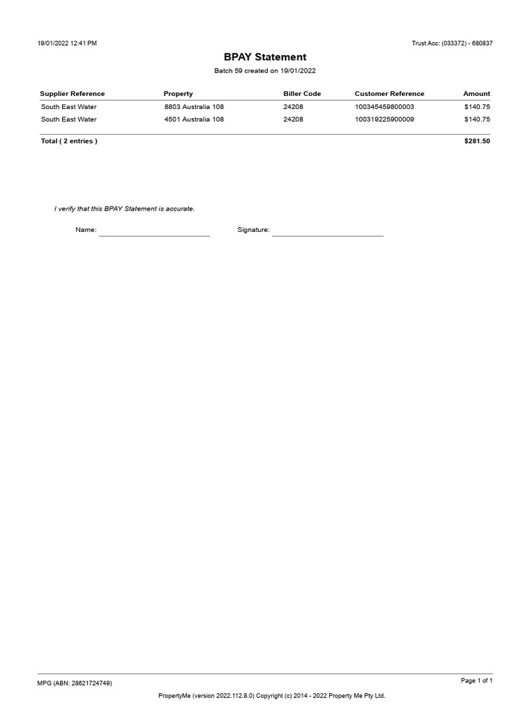 BPAY Statement - Batch 59 Created On 19 - 01 - 2022 | PDF