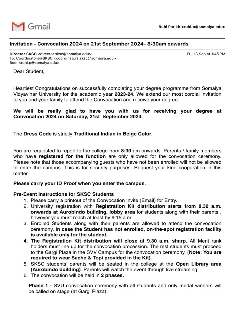 Invitation - Convocation 2024 On 21st September 2024 - 830am Onwards | PDF | Bachelor Of Science ...