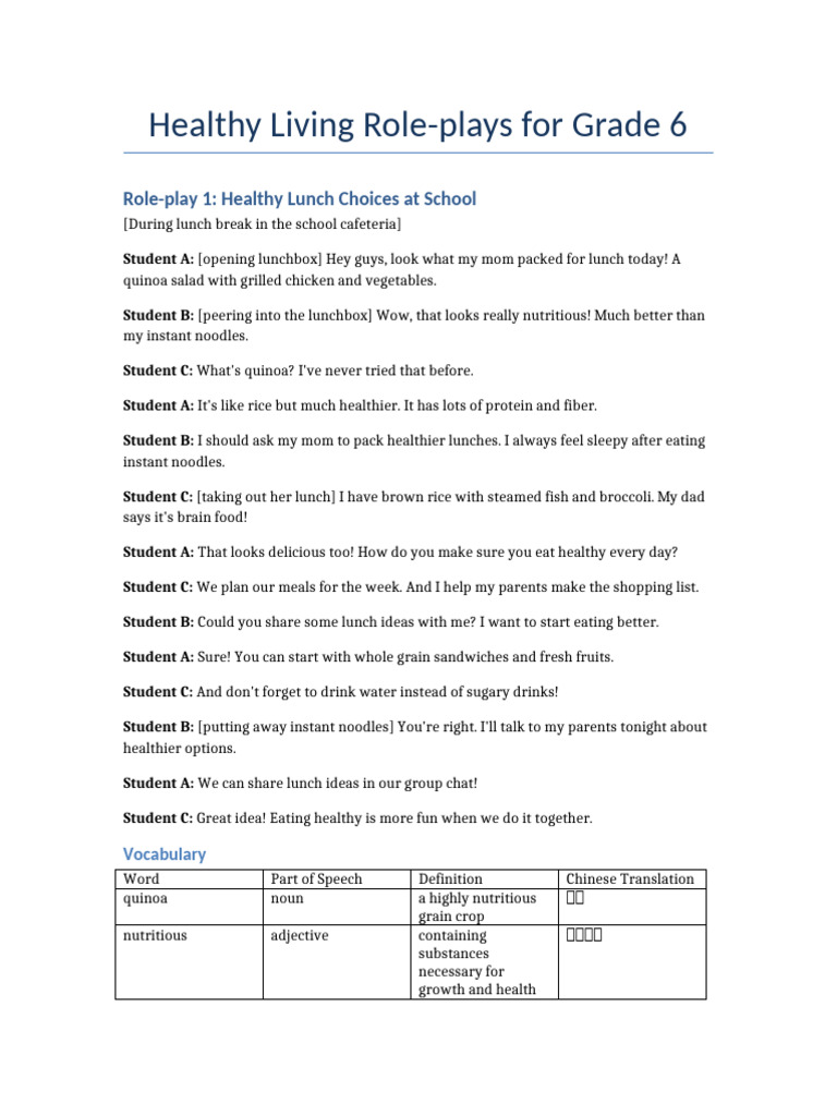 Grade 6 Healthy Living Role-Plays | PDF | Lunch | Aerobic Exercise