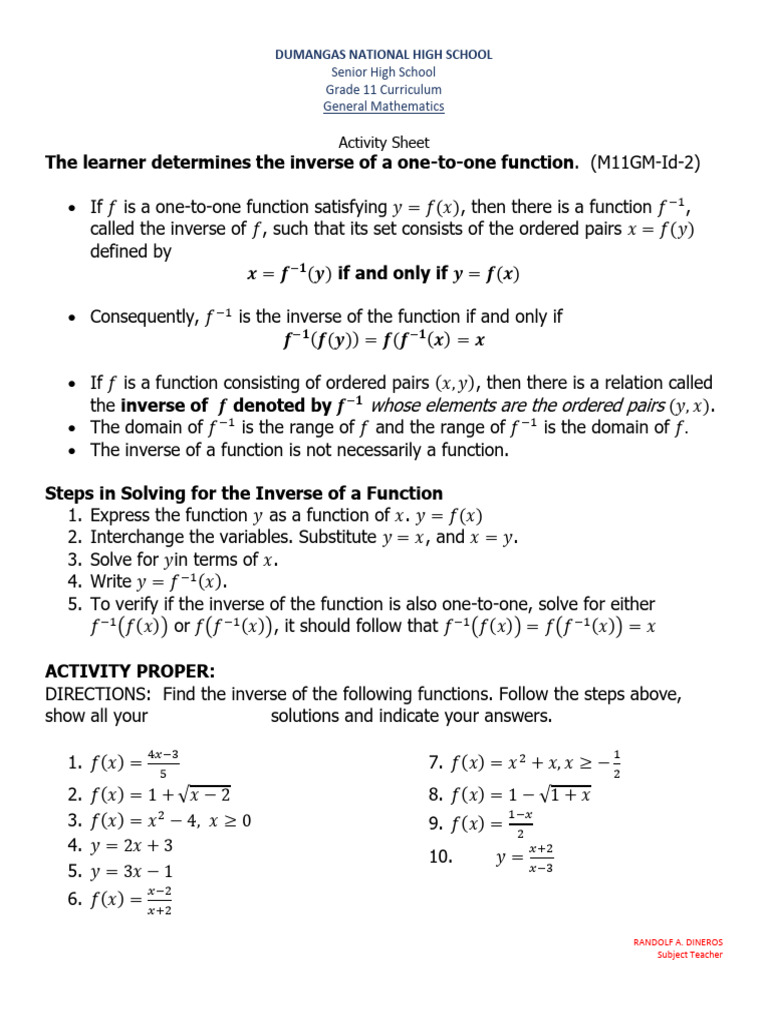 Activity Sheet-Inverse of A One-to-One Function-Printing | PDF ...