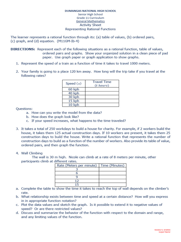Activity Sheet-Represent Rational Functions Using Table of Values, Ordered Pairs, Graphs | PDF ...
