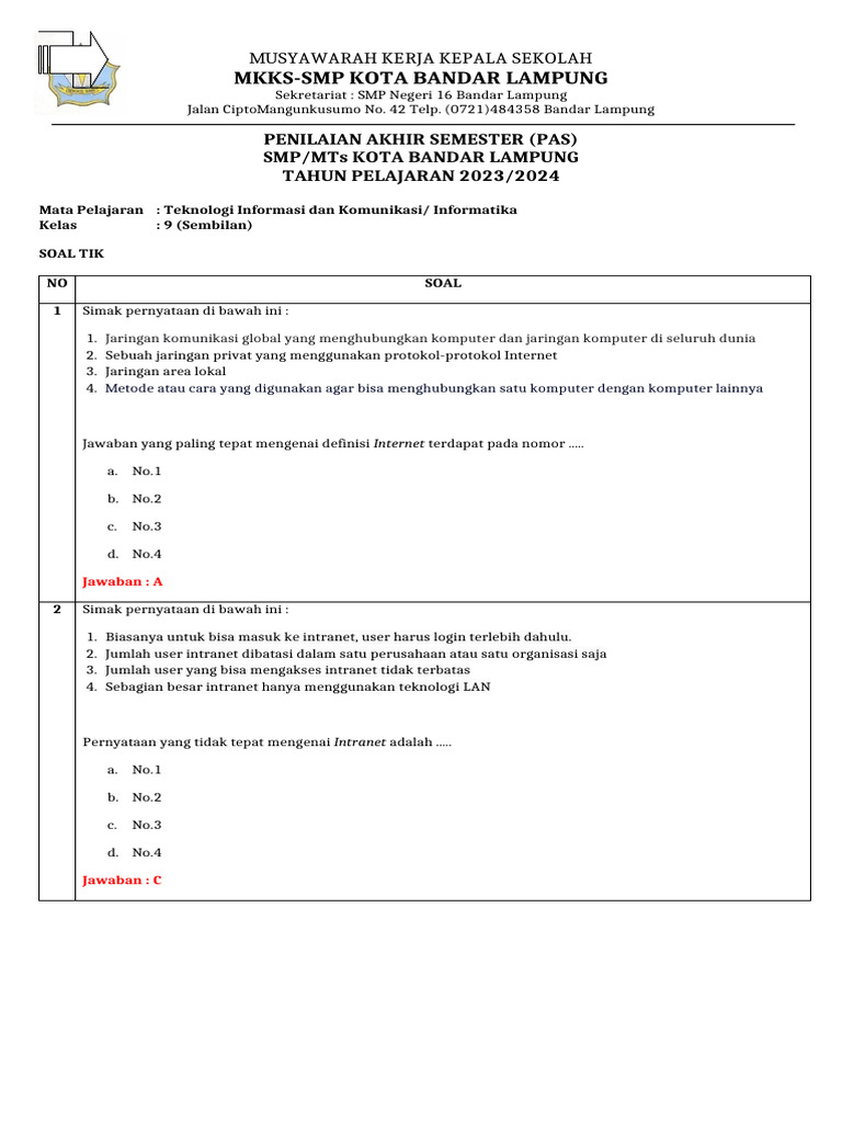 SOAL PAS TIK KELAS 9 2023 Ok | PDF | Komputer