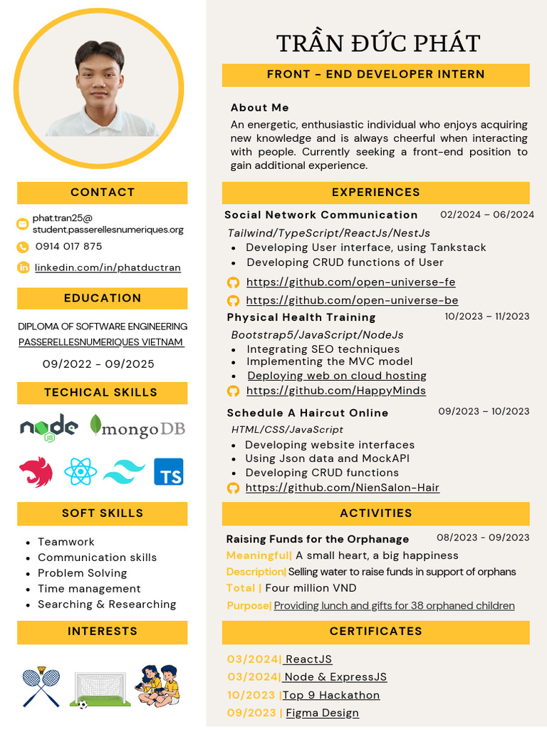 CV Tran Duc Phat ReactJS NestJS | PDF | Web Development | Systems Architecture