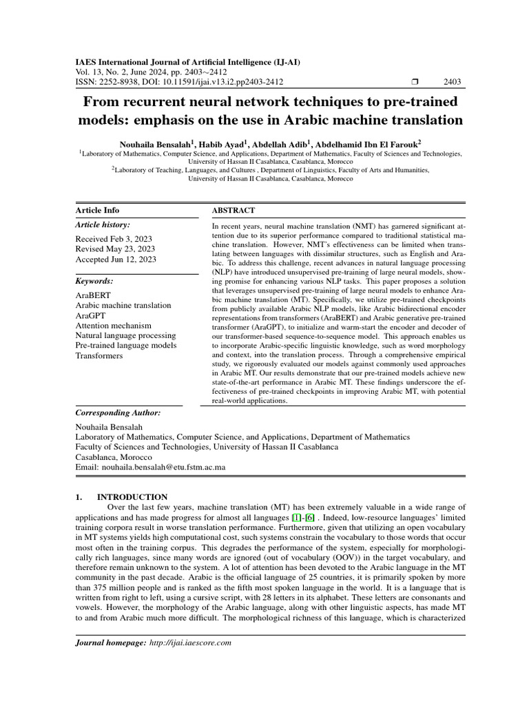 From Recurrent Neural Network Techniques To Pre-Trained Models: Emphasis On The Use in Arabic ...