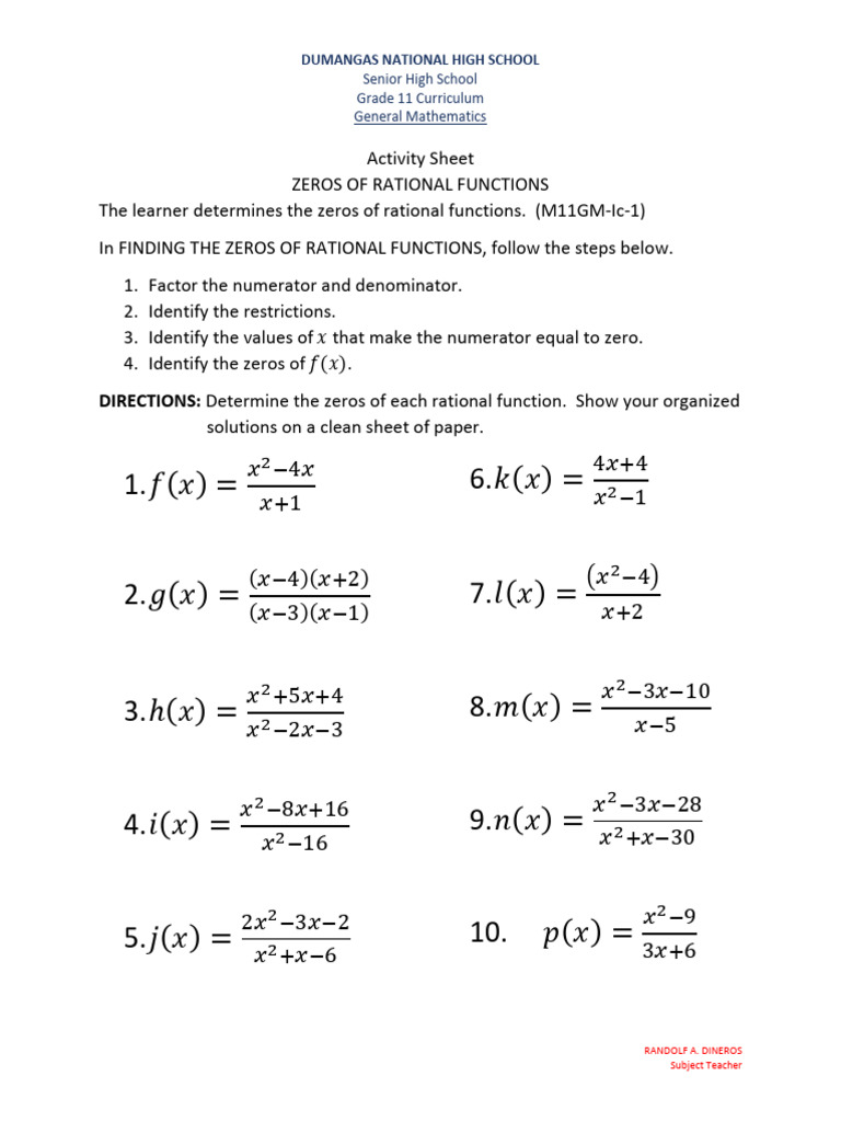 Activity Sheet-Finding Zeros of Rational Functions | PDF | Rational Number | Algebra