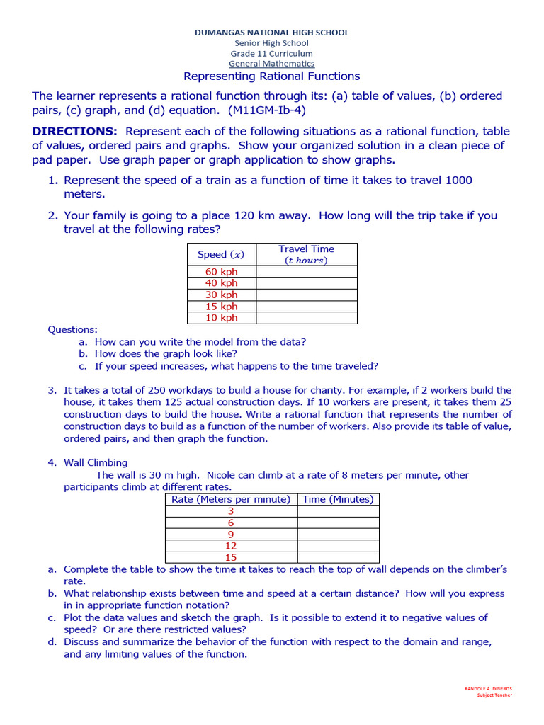 Activity Sheet-Represent Rational Functions Using Table of Values ...
