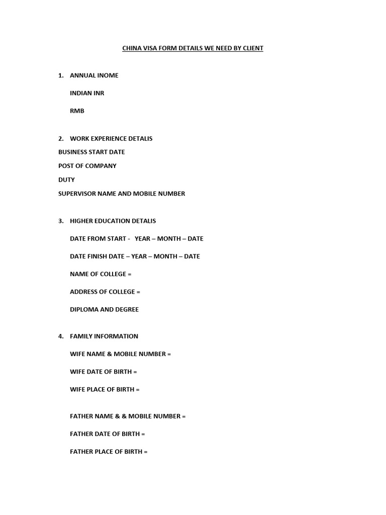 China Visa Form Details To Be Filled by Client | PDF