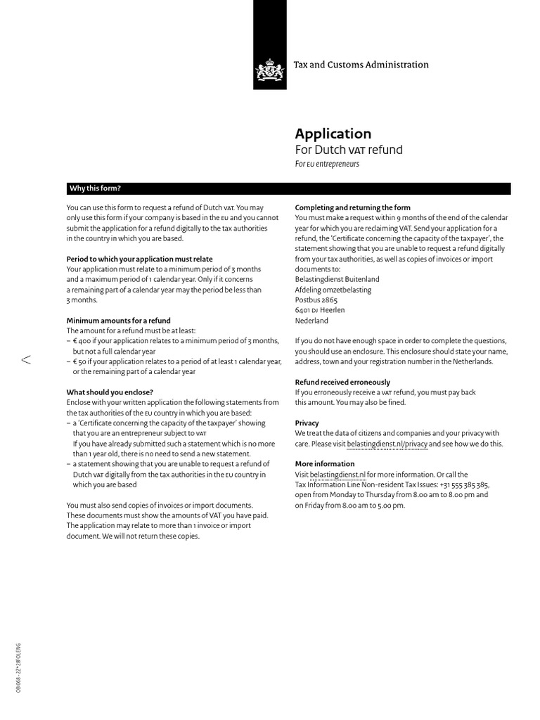 Dutch VAT Refund Form for EU Businesses | PDF | Value Added Tax | Invoice