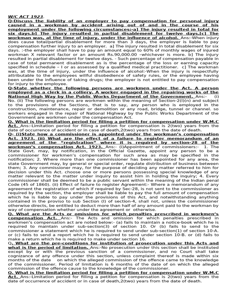 WC ACT 1923-Ques-Ans | PDF | Employment | Workers' Compensation