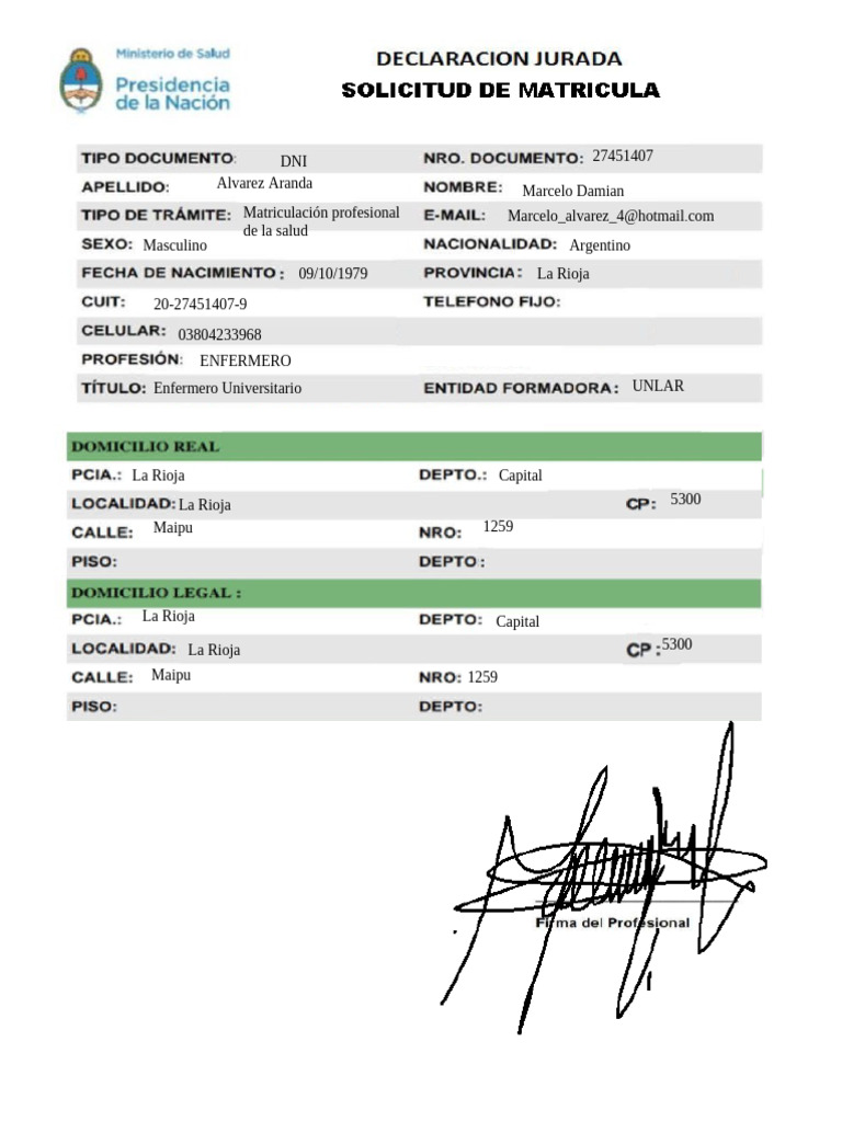 Declaracion - Jurada - de - Solicitud - de - Matricula - Nacional 2023 | PDF