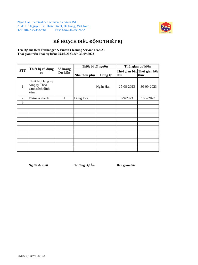 Bm03.Qt.02-Nh-qtda Ke Hoach Dieu Dong May Moc | PDF