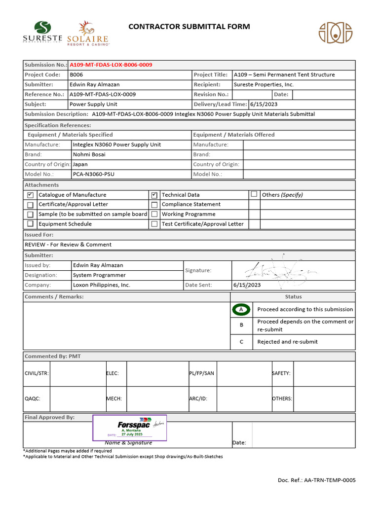 Integlex N3060 PSU Submittal Form | PDF | Power Supply | Relay
