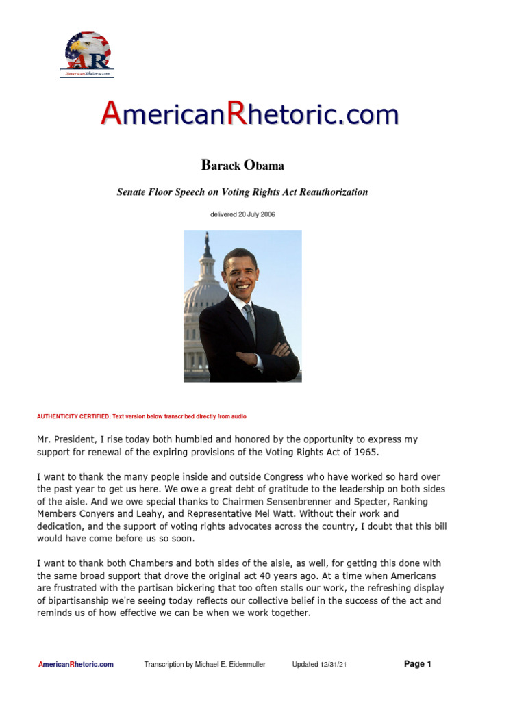 Barack Obama - Senate Floor Speech On Voting Rights Act Renewal | PDF ...