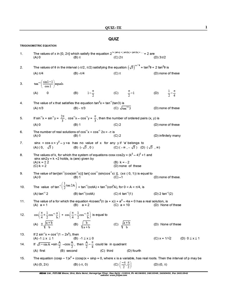 Te Quiz Pdf Trigonometric Functions Euclidean Plane Geometry
