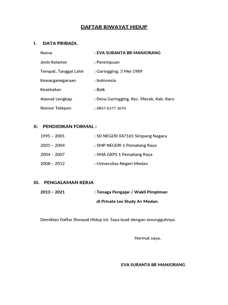 Daftar Riwayat Hidup Eva Suranta | PDF